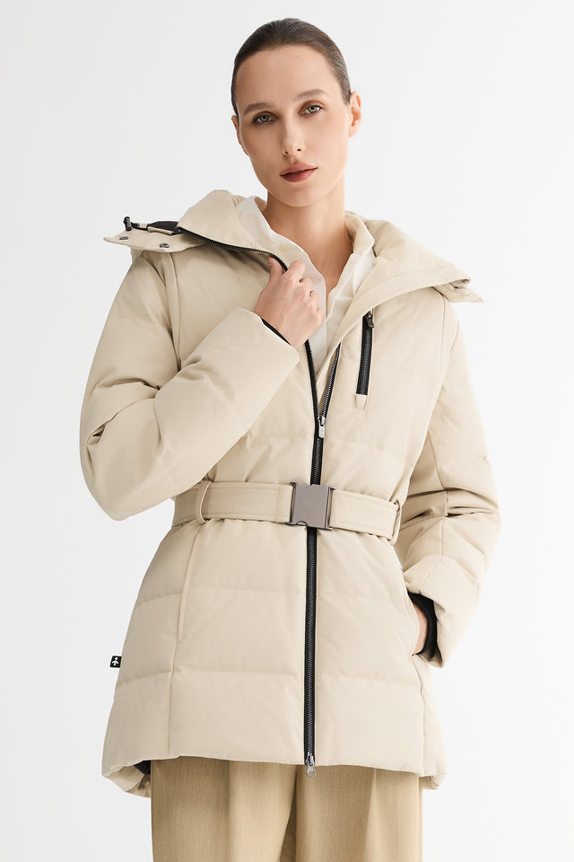 Celeste Polished Edge Belted Hooded Down Jacket – Orolay